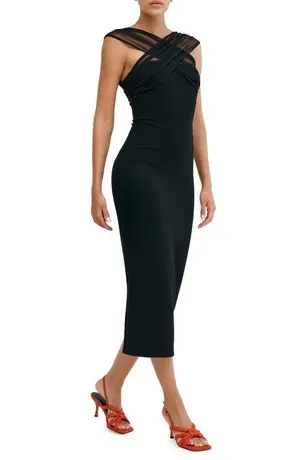 MARCELLA Waldorf Mesh Cross Neck Midi Dress