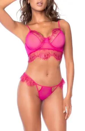 MAPALE Lace Trim Mesh Underwire Bra & Thong Set - Pink