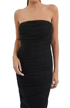 MARCELLA Lilah Ruched Strapless Midi Dress