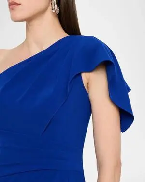 Rickie Freeman For Teri Jon Pleated One-shoulder Stretch Crepe Gown - Cobalt