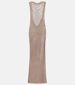 SELF-PORTRAIT Rhinestone Draped Maxi Dress - Silver