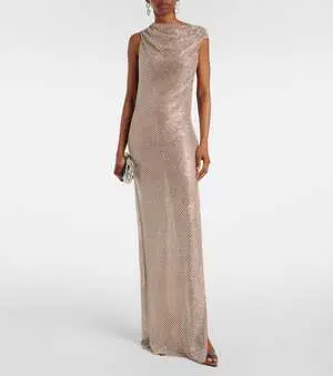SELF-PORTRAIT Rhinestone Draped Maxi Dress - Silver