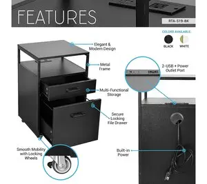TECHNI MOBILI Rolling 2-drawer File Cabinet Wit H Usb Ports