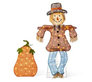 GLITZHOME Lighted Fall Scarecrow & Pumpkin Outdoor Decor S/2