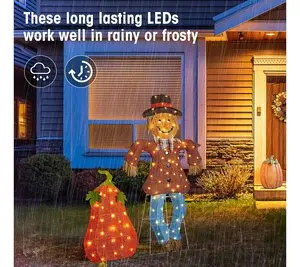 GLITZHOME Lighted Fall Scarecrow & Pumpkin Outdoor Decor S/2