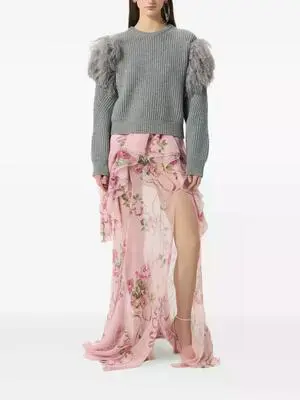 Blumarine Feather-embellished Ribbed Knit Sweater - Grey