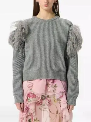 Blumarine Feather-embellished Ribbed Knit Sweater - Grey