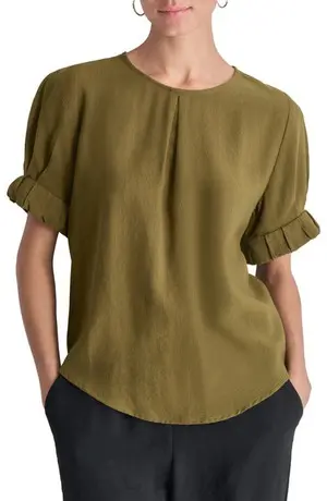 Dkny Crinkle Texture Short Sleeve Top - Dark Olive