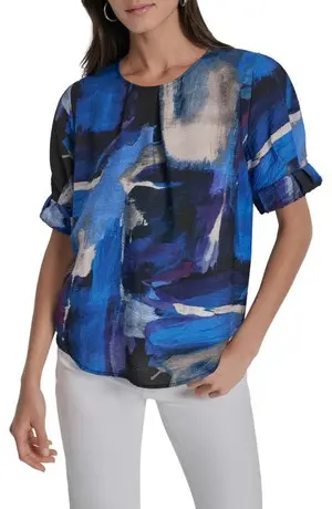 Dkny Abstract Zebra Print Voile Top - Blue Brush
