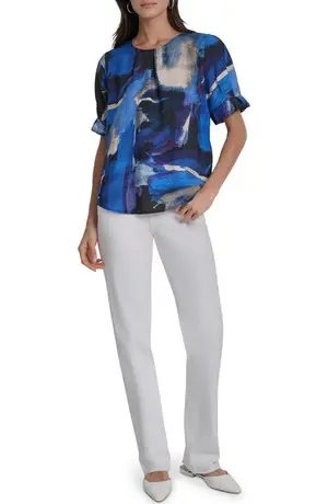 Dkny Abstract Zebra Print Voile Top - Blue Brush