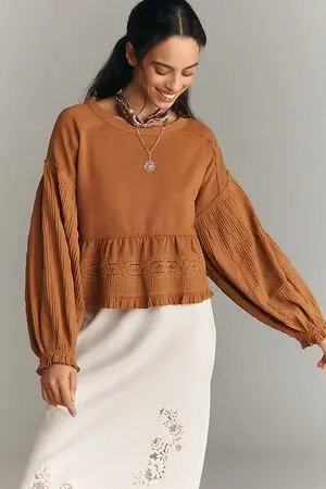 PILCRO Long-sleeve Crop Babydoll Top - Pecan