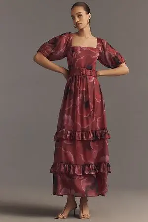 HUTCH Puff-sleeve Square-neck Belted Tiered Ruffled Maxi Dress - Fuchsia Exploded Floral