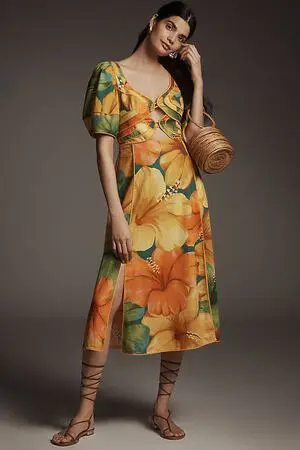 farm rio cutout embroidered floral-print linen-blend maxi dress Farm Rio Artisanal Cut-Out Embroidered Linen Maxi Dress main image 0