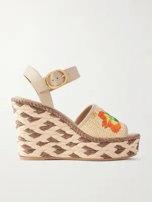 Valentino Garavani Leather And Floral-embroidered Raffia Wedge Espadrilles - Neutrals