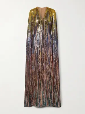 Elie Saab Cape-effect Sequined Tulle Gown