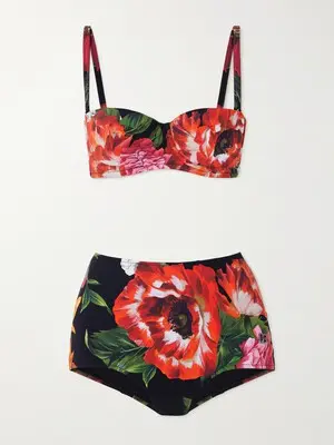 Dolce & Gabbana Convertible Floral-print Balconette Bikini - Black