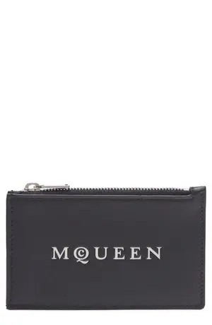 Alexander McQueen Logo Leather Zip Card Case - Black/ Bone/ Silver