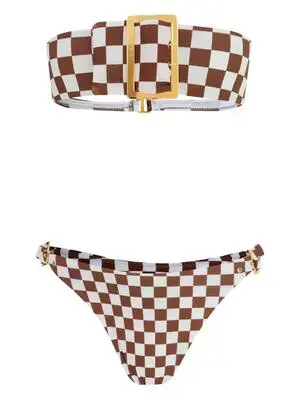 AMIR SLAMA Check-print Bandeau Bikini Set With Gold-tone Buckle - White