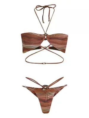 AMIR SLAMA Ring-detail Striped Bikini Set - Brown
