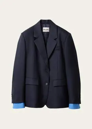 Miu Miu Wool Blazer With Embroidered Logo - Navy