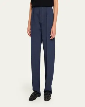 Bottega Veneta Melange Wool Drill Pleated Trousers - Indigo