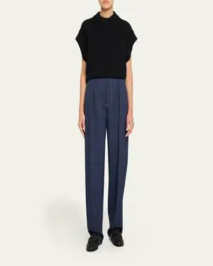Bottega Veneta Melange Wool Drill Pleated Trousers - Indigo