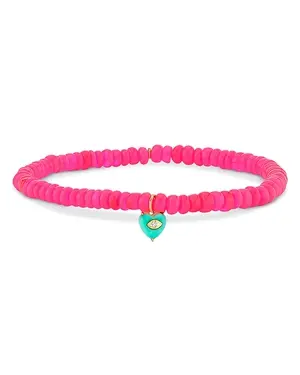 SYDNEY EVAN 14k Yellow Gold Diamond And Turquoise Heart Charm Beaded Bracelet - Pink