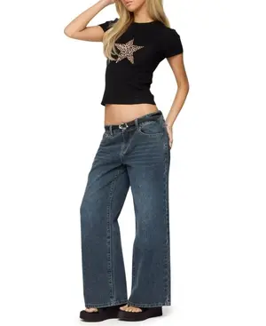 EDIKTED Petite Ace Relaxed Dark Rinse Wash Jeans - Dark-blue