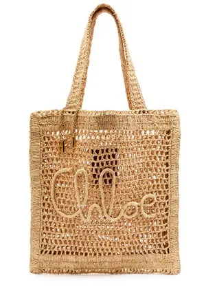 Chloé Raffia Tote With Logo And Charm - Sand