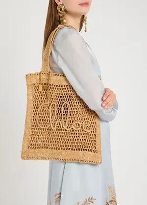 Chloé Raffia Tote With Logo And Charm - Sand