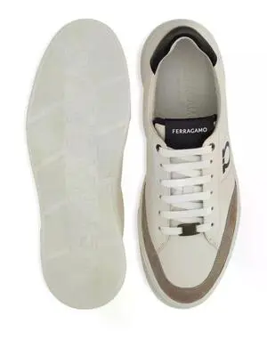 FERRAGAMO Logo-embroidered Leather Sneakers - Grey