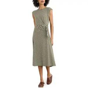 SEASALT CORNWALL Stripe Tie Waist Jersey Midi Dress - Apple Slice Light Olive