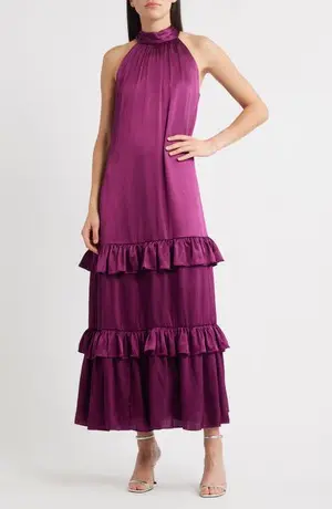 Halogen Tiered Sleeveless Satin Maxi Dress
