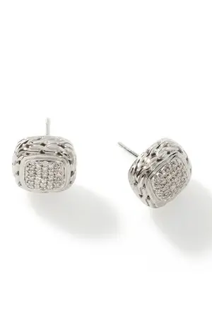 John Hardy Carved Chain Diamond Stud Earrings - Silver