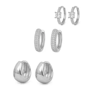 DLORIA Huggie Hoop Earrings 3 Pairs - Silver