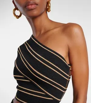 Balmain Striped One-shoulder Crop Top