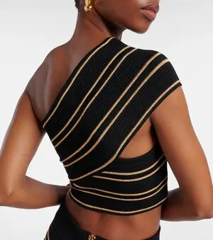 Balmain Striped One-shoulder Crop Top