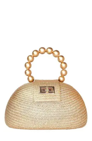 SOLI & SUN Woven Straw Clutch With Wooden Bead Handle - Gold