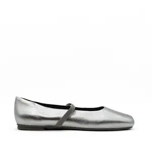 AMIE RAFA Mary" Leather Ballet Flats With Elastic Strap - Silver