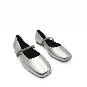 AMIE RAFA Mary" Leather Ballet Flats With Elastic Strap - Silver