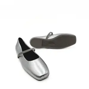 AMIE RAFA Mary" Leather Ballet Flats With Elastic Strap - Silver