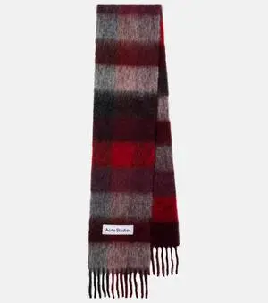 Acne Studios Acne Studios Checked Logo Fringed Wool-blend Scarf Red