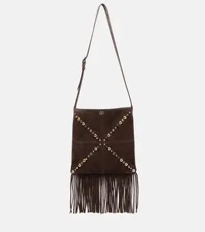 Valentino Garavani Suede Shoulder Bag With Embellishments And Fringe - Brown