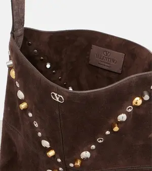 Valentino Garavani Suede Shoulder Bag With Embellishments And Fringe - Brown