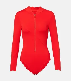 Marysia North Sea Scalloped Rashguard Swimsuit Red