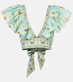 Camilla Floral Linen Crop Top - Blue