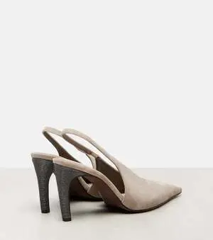 Brunello Cucinelli 80 Monili Suede Slingback Pumps - Grey
