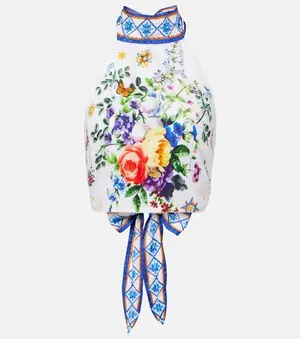 Camilla Embellished Halterneck Linen Top - Multicoloured
