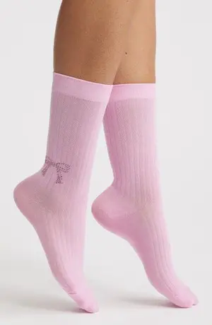 HIGH HEEL JUNGLE Sabrina Crystal Bow Crew Socks Pink