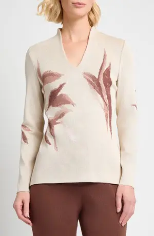 Misook Botanical Jacquard Knit Top